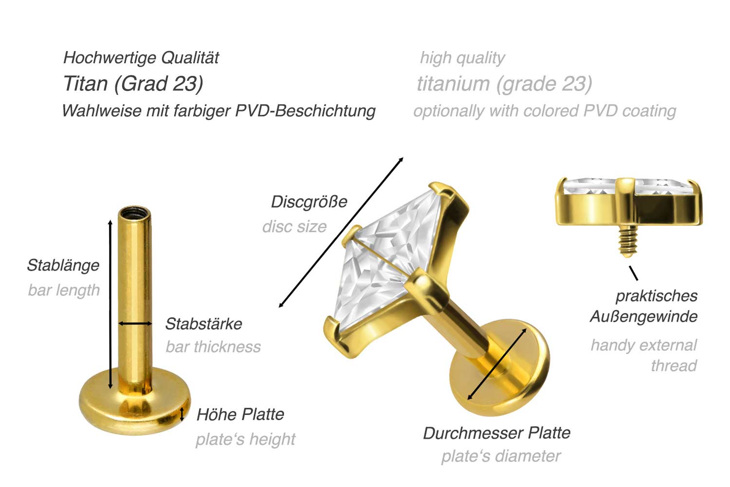 Titanium labret with internal thread SETTED CRYSTAL RHOMBUS | PIERCINGLINE